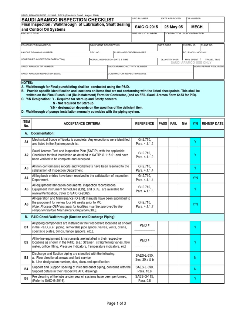 Saudi Aramco Inspection Checklist | PDF | Pipe (Fluid Conveyance) | Valve