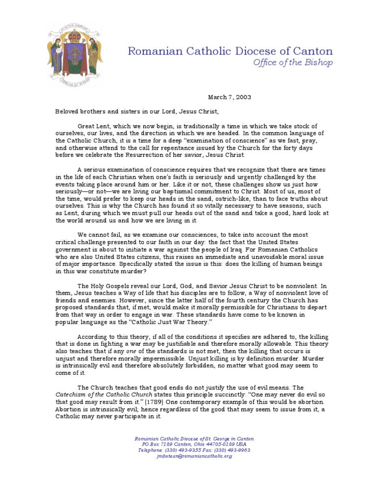 Pastoral Letter Iraq War | PDF | Catholic Church | Just War Theory