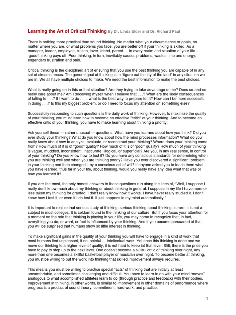 Learning The Art of Critical Thinking: by Dr. Linda Elder and Dr ...