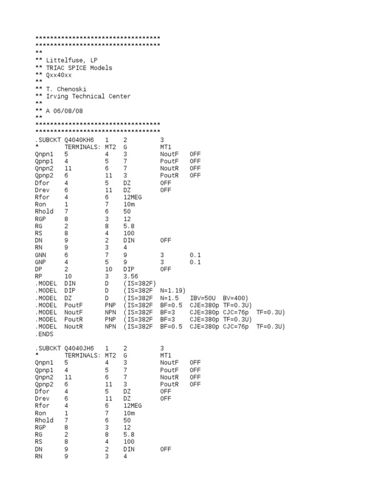 Thyristor TRIAC Qxx40xx A SPICE Model Lib | PDF | Bipolar Junction ...