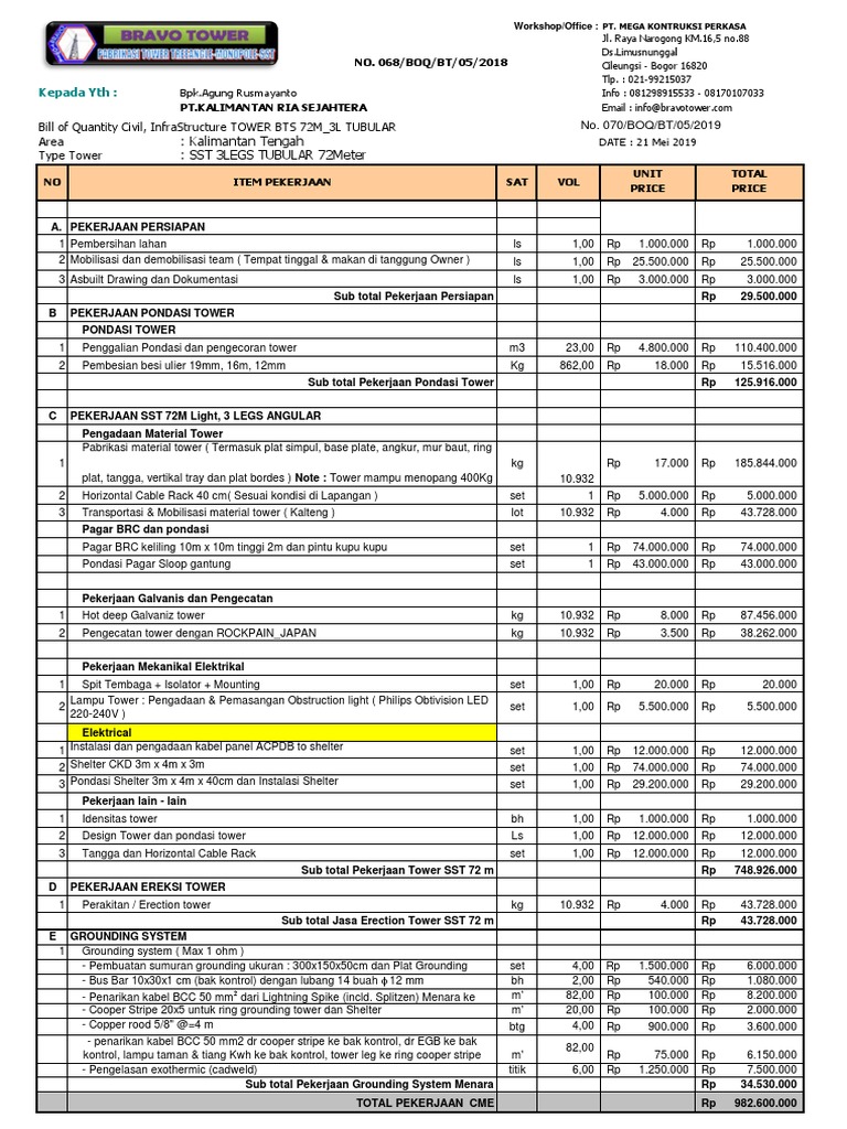 Boq Tower SST 3leg Tubular 72m - PT - Kalimantan Ria Sejahtera-070 | PDF