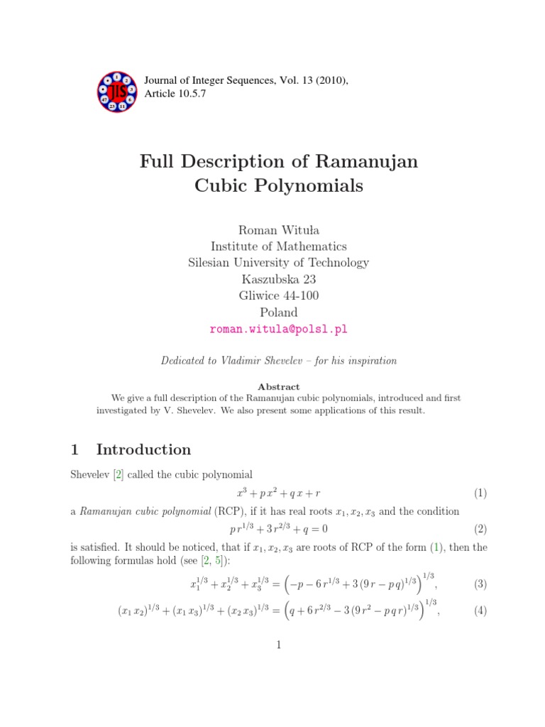 Ramanujan Cubic Polynomials Explained | PDF | Zero Of A Function | Polynomial