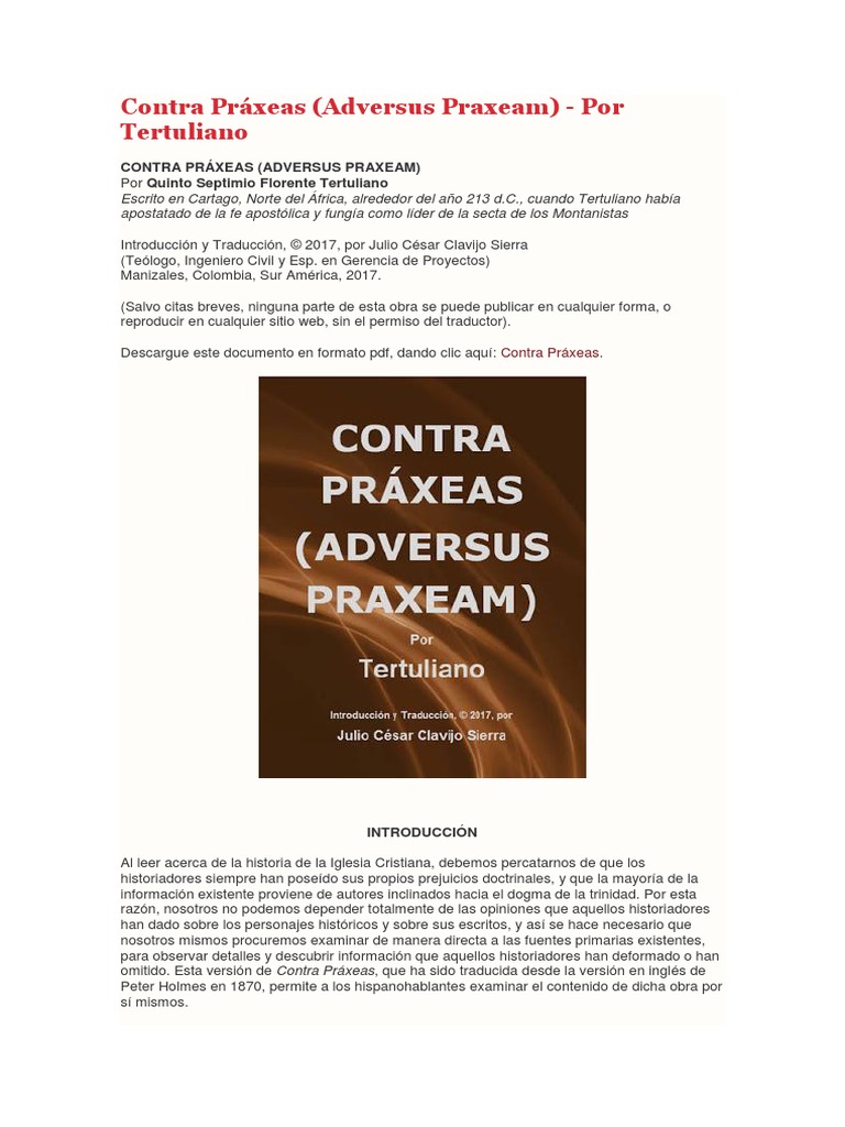 Contra Práxeas. Julio Cesar Clavijo | PDF | Trinidad | Tertuliano