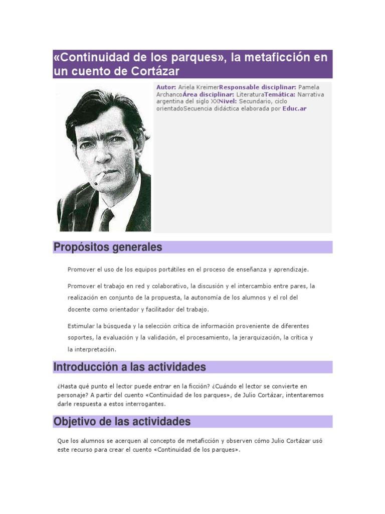 Metaficción en "Continuidad de los parques" | PDF | Cuentos | Evaluación