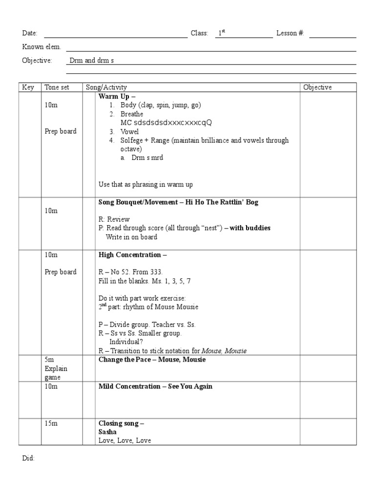 Kodaly Music Lesson Plan - Mixed Lower Elementary | PDF