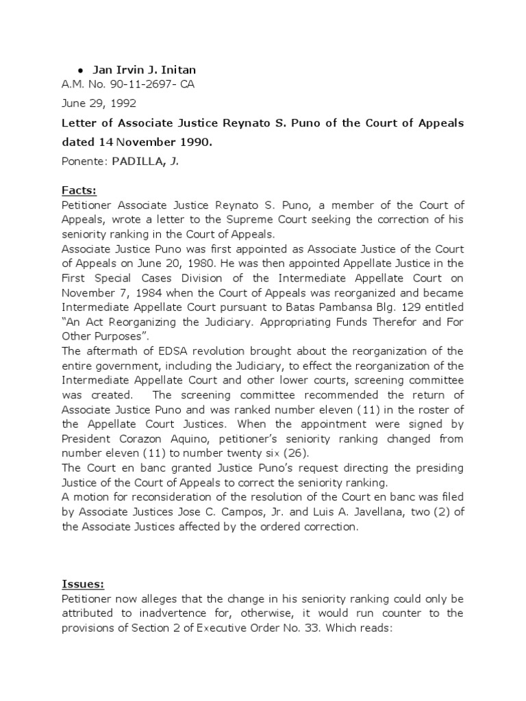 Court Ruling on Justice Puno's Seniority | PDF | President Of The ...