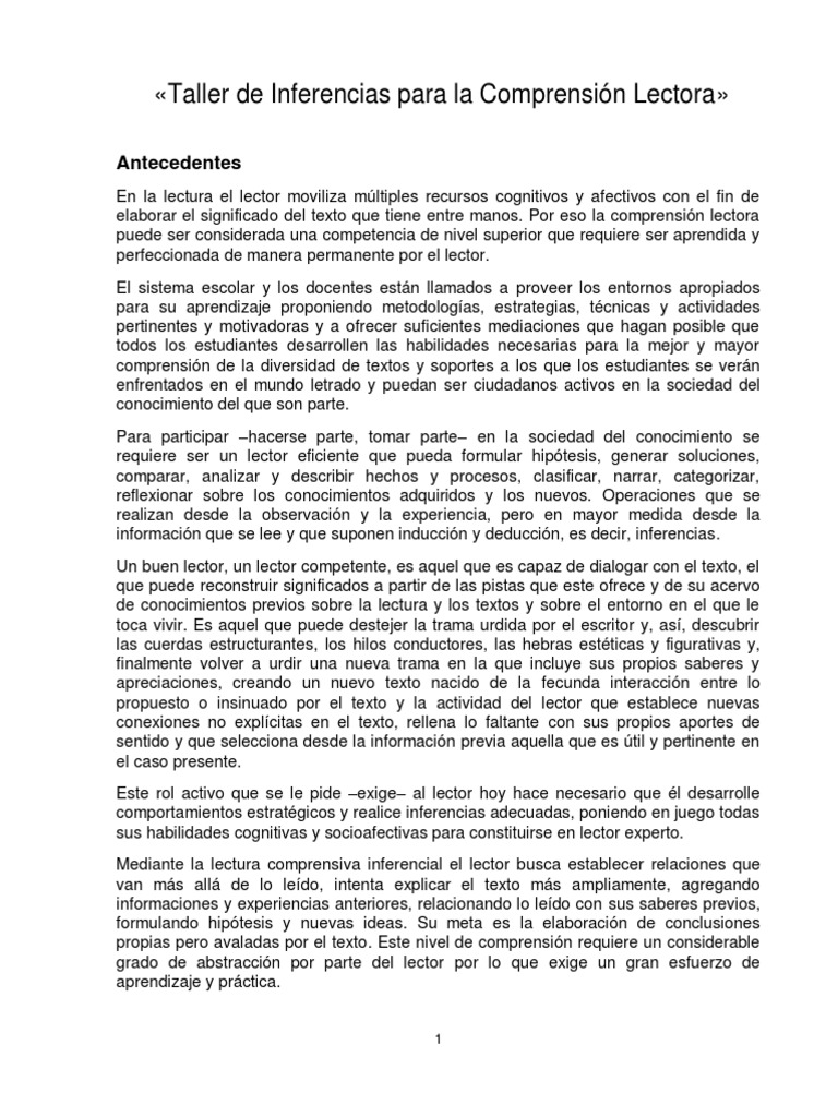 Hoja De Trabajo De Inferencia Y Comprensión Lectora