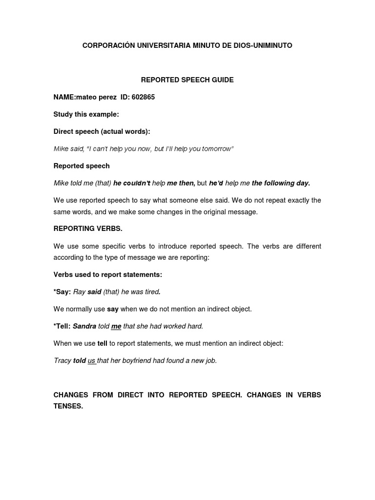 Reported Speech Guide | PDF | Languages | Language Arts & Discipline