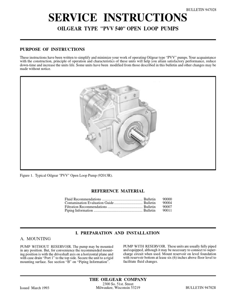 Service Instructions: Oilgear Type "PVV 540" Open Loop Pumps | PDF ...