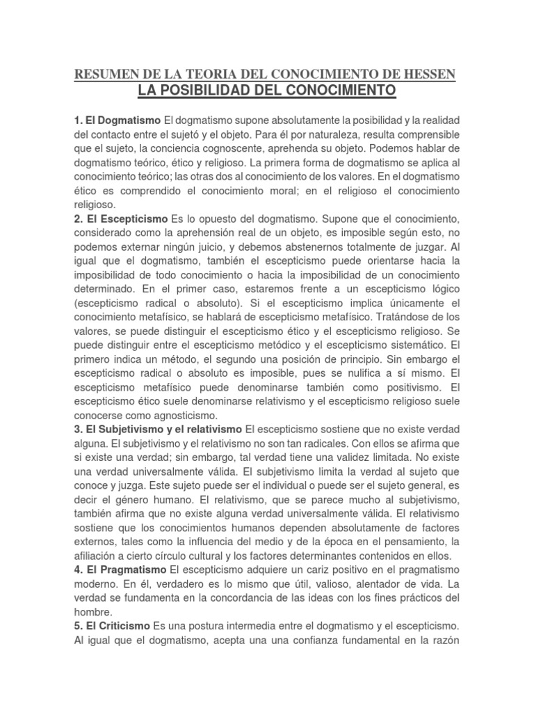 Resumen de La Teoria Del Conocimiento de Hessen | PDF | Realismo filosófico | Intuición