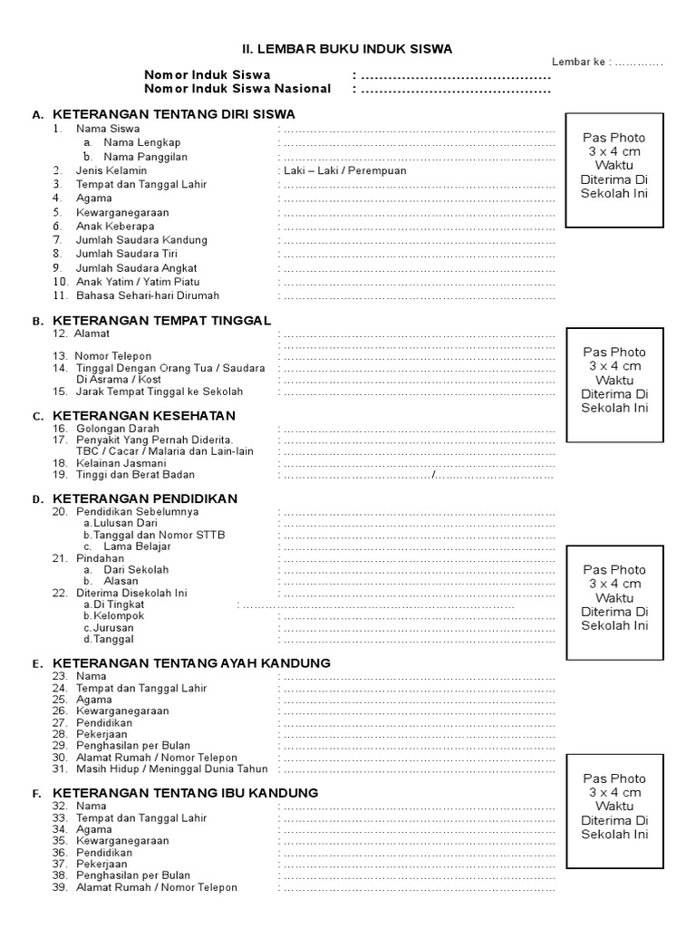 Contoh Format Buku Induk Siswa SMP | PDF