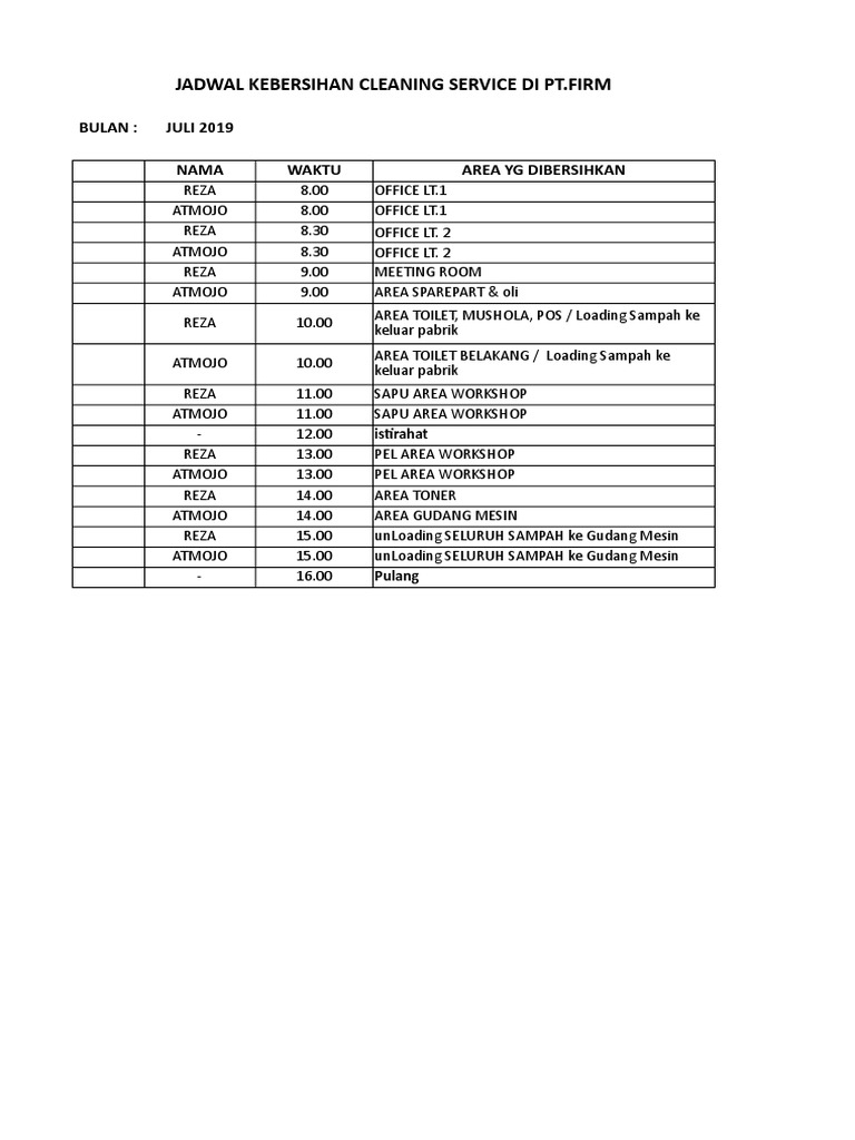 Jadwal Kerja Cleaning Service PT | PDF