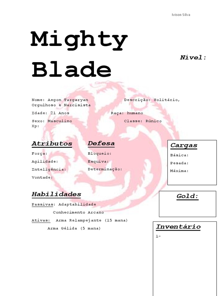 Mighty Blade Ficha Personalizada | PDF