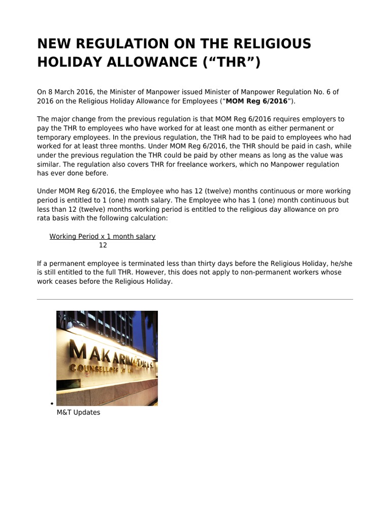 New Regulation On The Religious Holiday Allowance THR | PDF