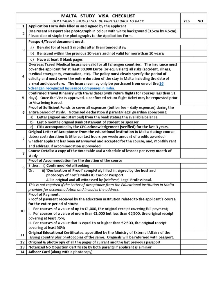 MALTA VFS INDIA Study Visa Checklist | Download Free PDF | Travel Visa ...