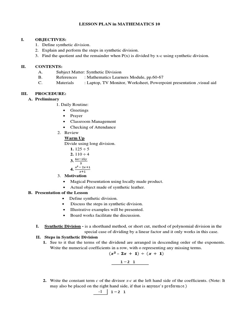 Lesson Plan Synthetic Division | PDF | Division (Mathematics ...