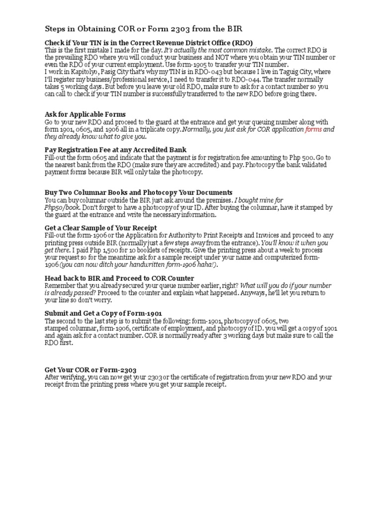 Obtaining a COR or Form 2303 from the BIR | PDF | Business