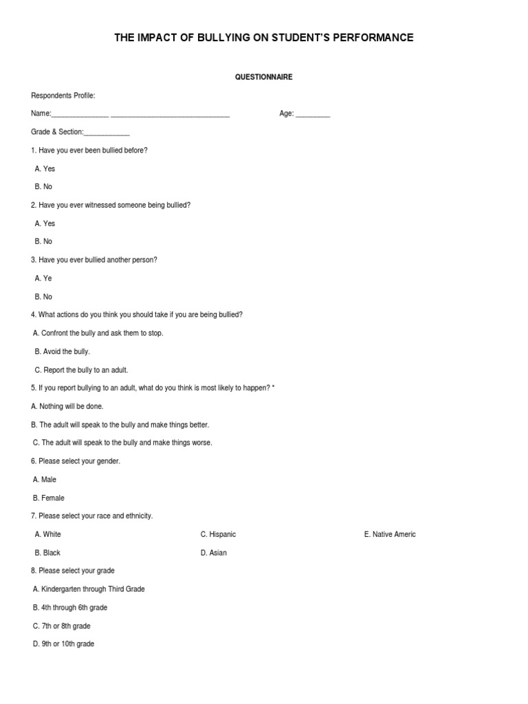 The Impact of Bullying On Student'S Performance: Questionnaire | PDF ...