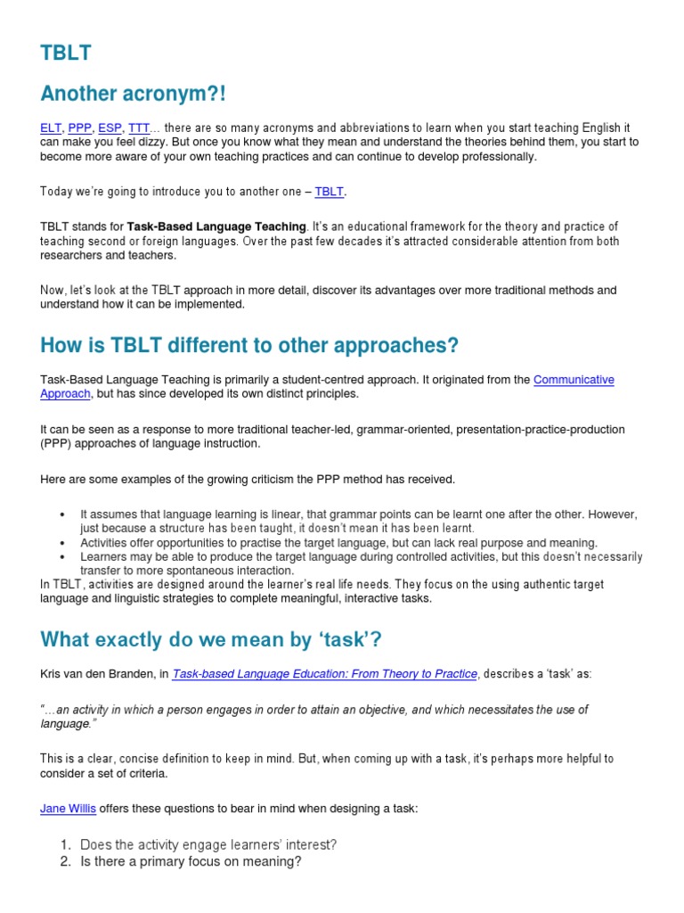 An Introduction to Task-Based Language Teaching (TBLT): Distinguishing ...