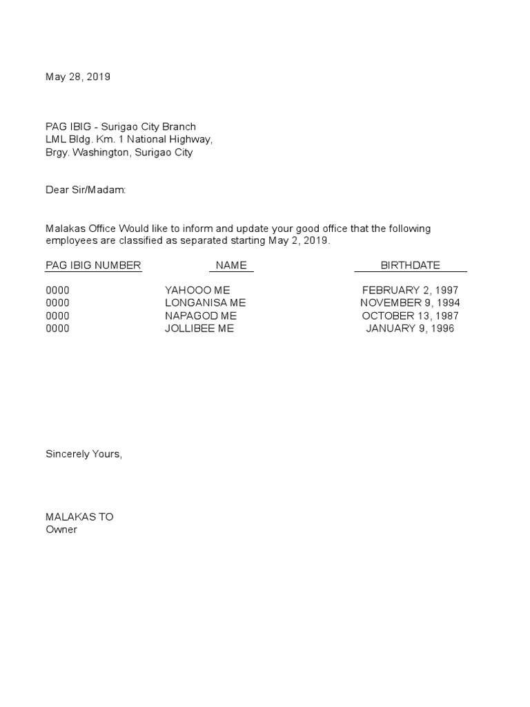 Pag Ibig Separation Letter | PDF