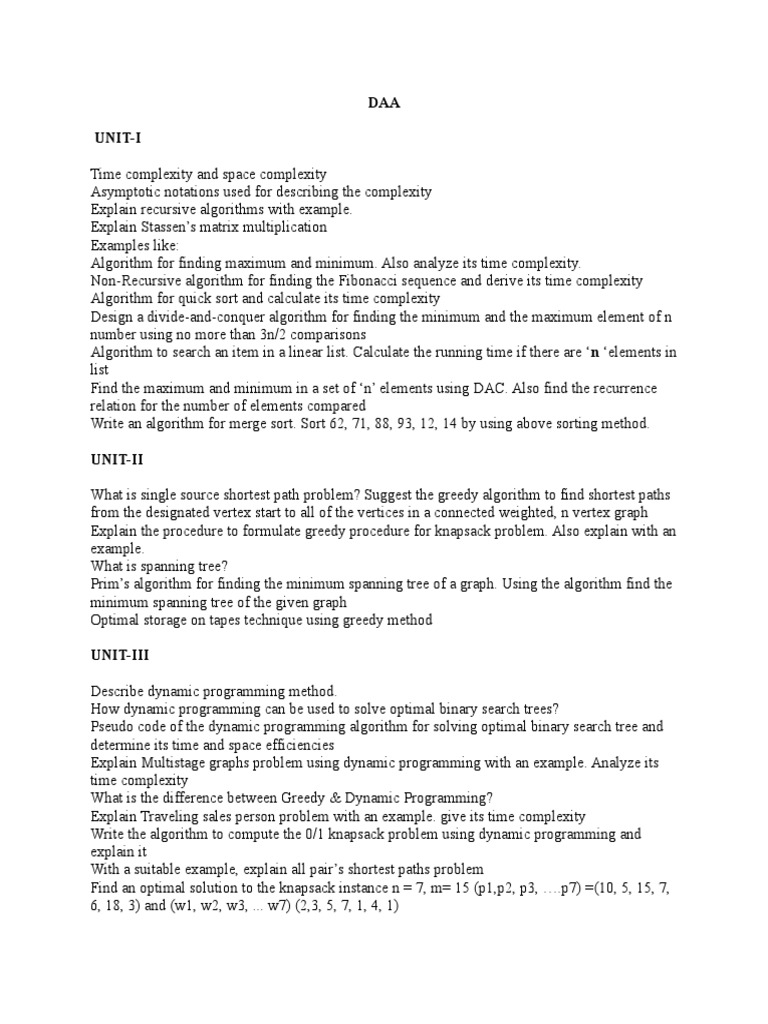 Daa Important Questions | PDF | Dynamic Programming | Time Complexity