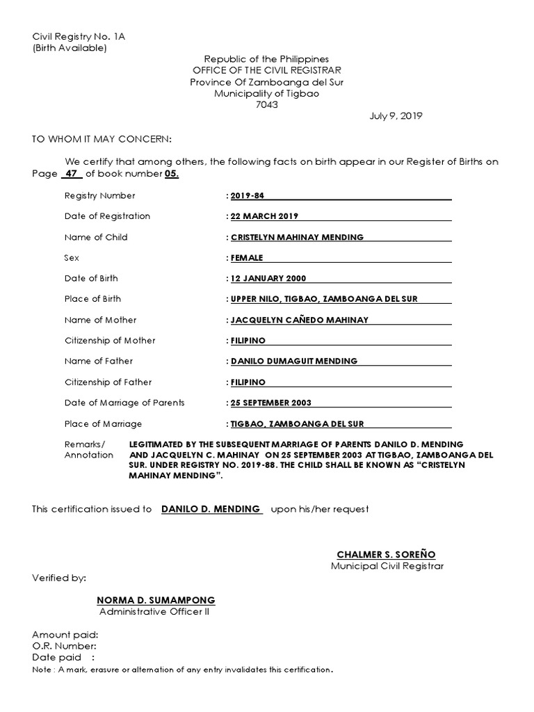 2019-18 Legitimated Form 1a Birth Availability Cristelyn M. Mending | PDF