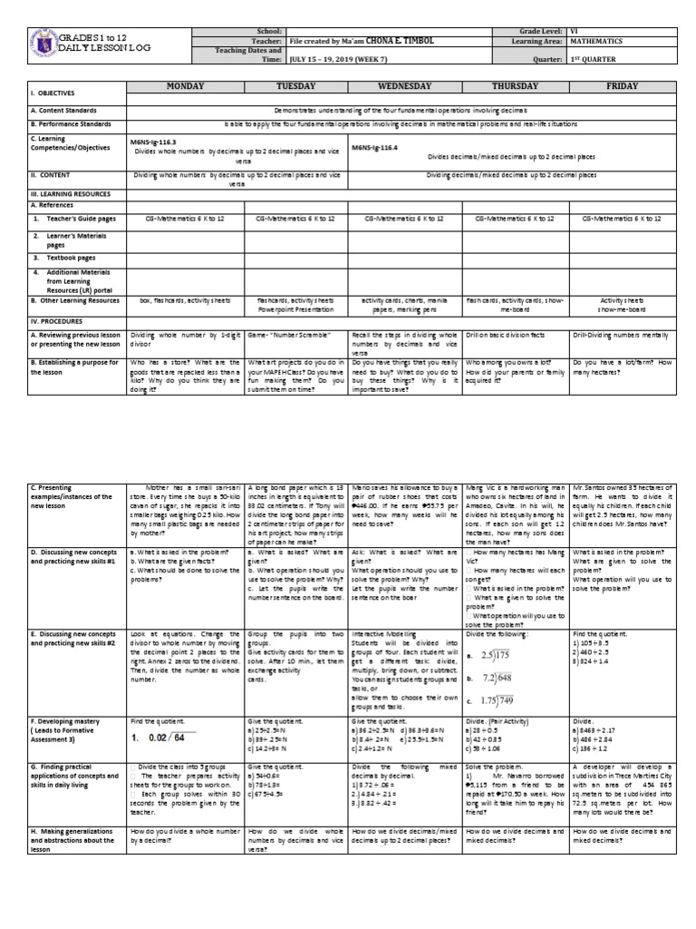 DLL Mathematics 6 q1 w7 | PDF | Division (Mathematics) | Teaching Mathematics