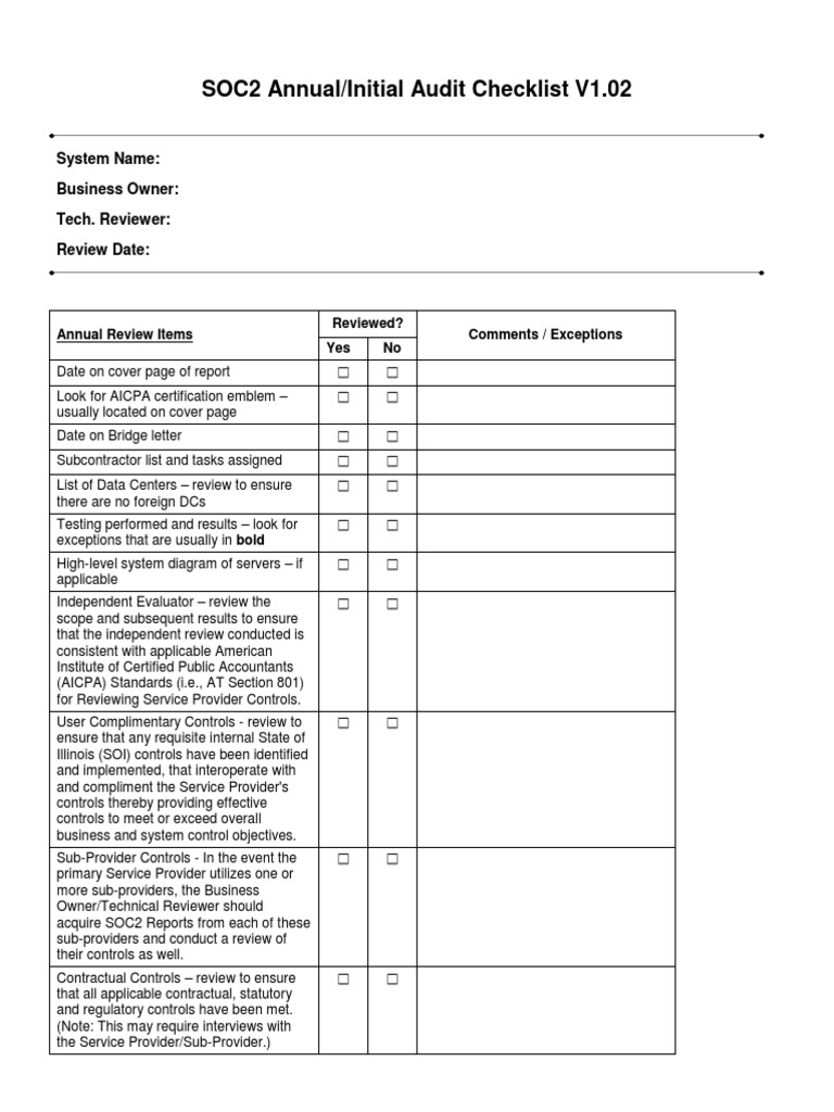 SOC 2 Annual Audit Checklist V1.02 | PDF | Areas Of Computer Science ...