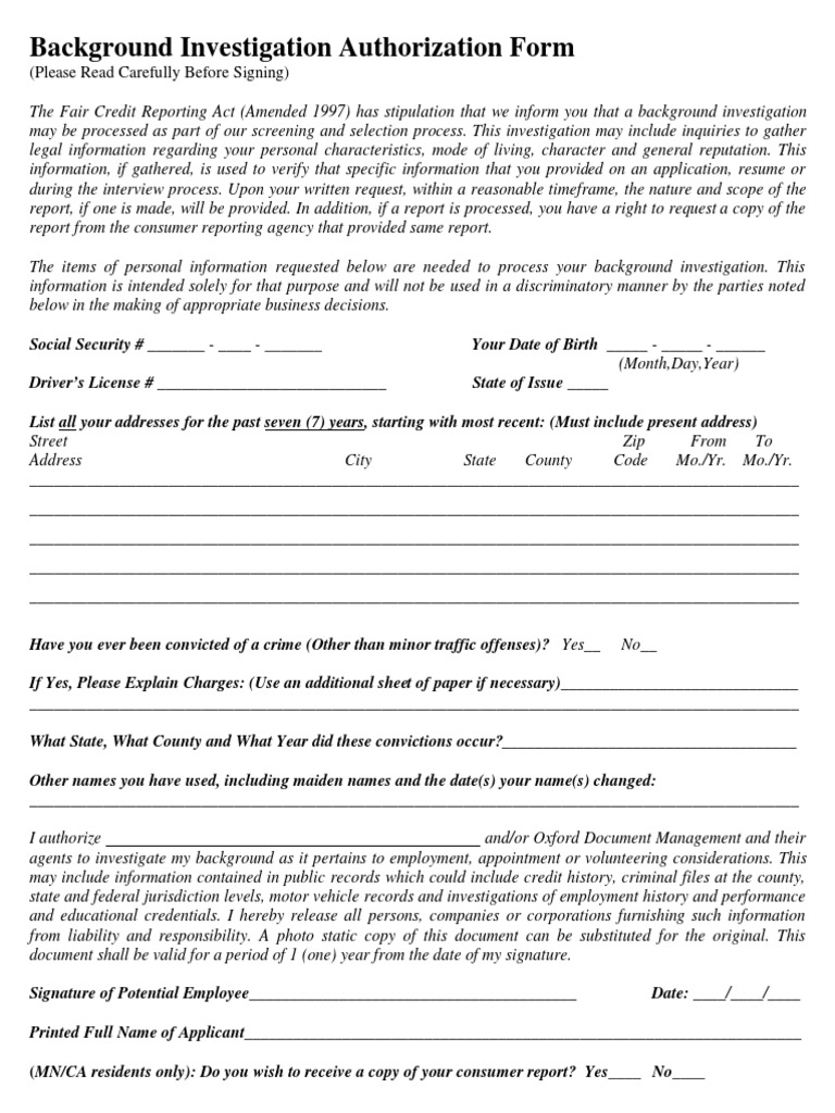 Background Investigation Authorization Form | PDF | Background Check | Justice