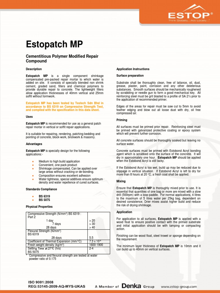Concrete Repair - Estopatch MP - Data Sheet - 160704 | PDF | Mortar ...