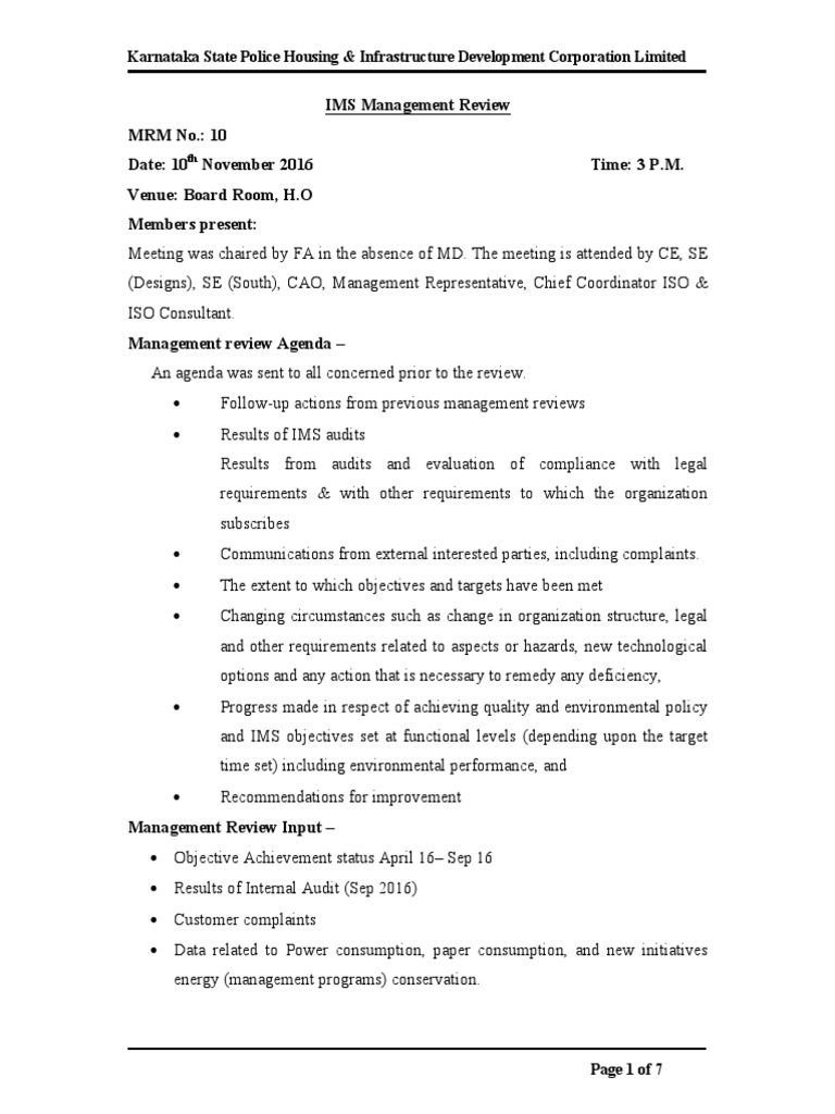 IMS Management Review 10 Minutes Conducted On 10.11.16 | PDF | Internal ...