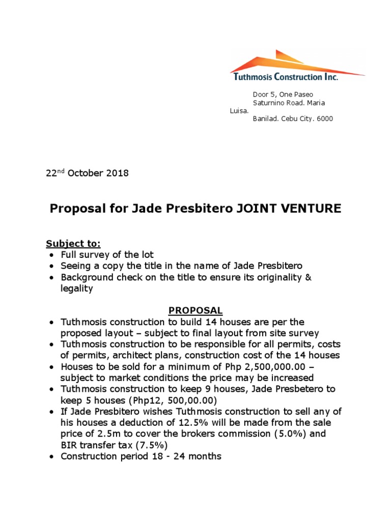 Joint Venture Proposal for Housing Project | PDF