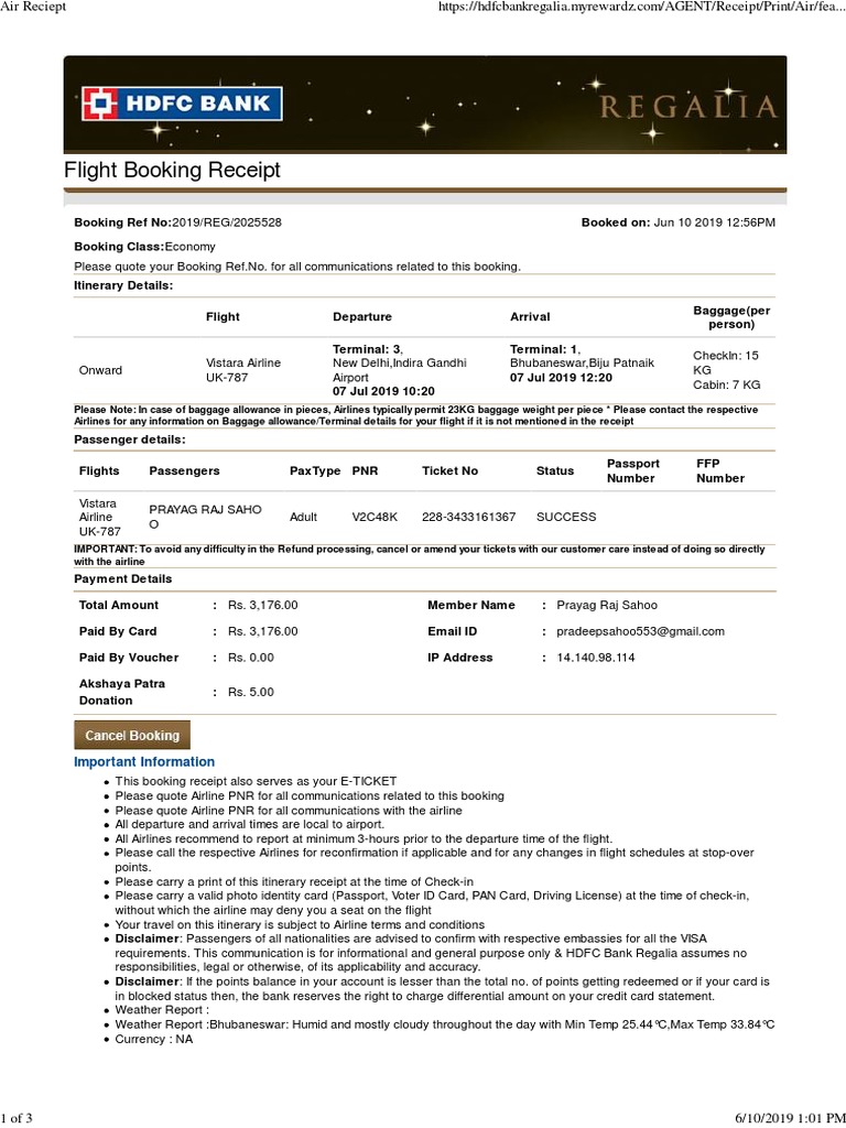 Flight Booking Receipt: Important Information | PDF | Identity Document ...