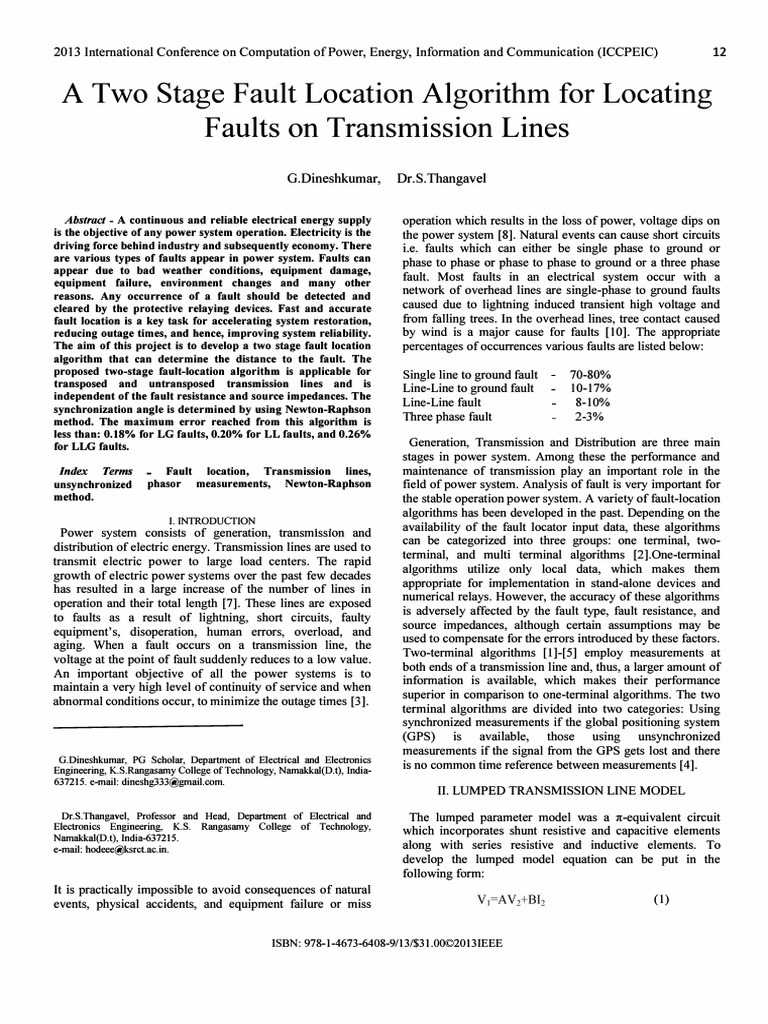 A Two Stage Fault Location Algorithm For Locating Faults On Transmission Lines | PDF | Electric ...