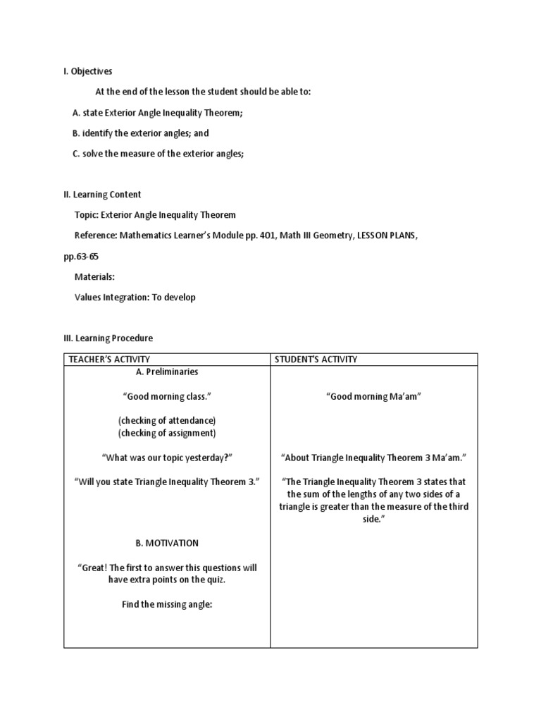Lesson Plan Exterior Angle Inequality Theorem | PDF | Triangle | Angle