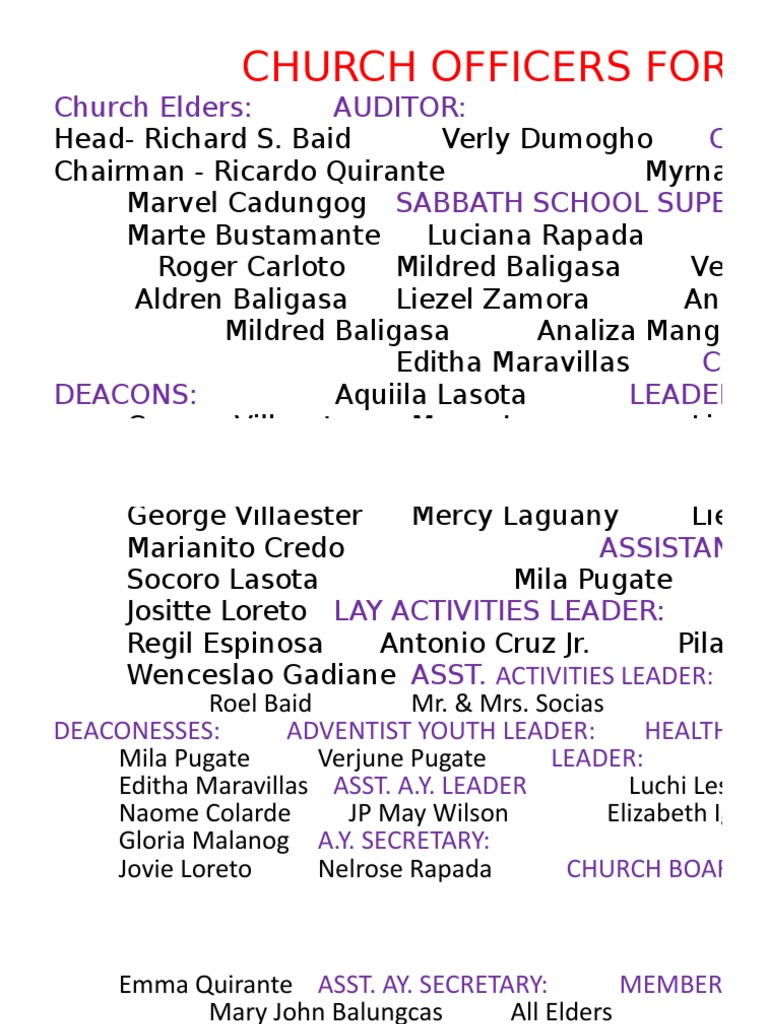 Church Officers For The Year 2019 | PDF | Adventism | Seventh Day ...