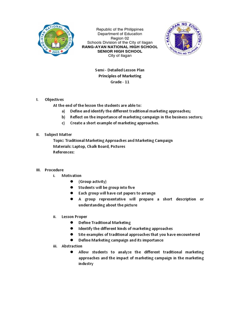 Principles of Marketing DLP | PDF | Lesson Plan | Marketing