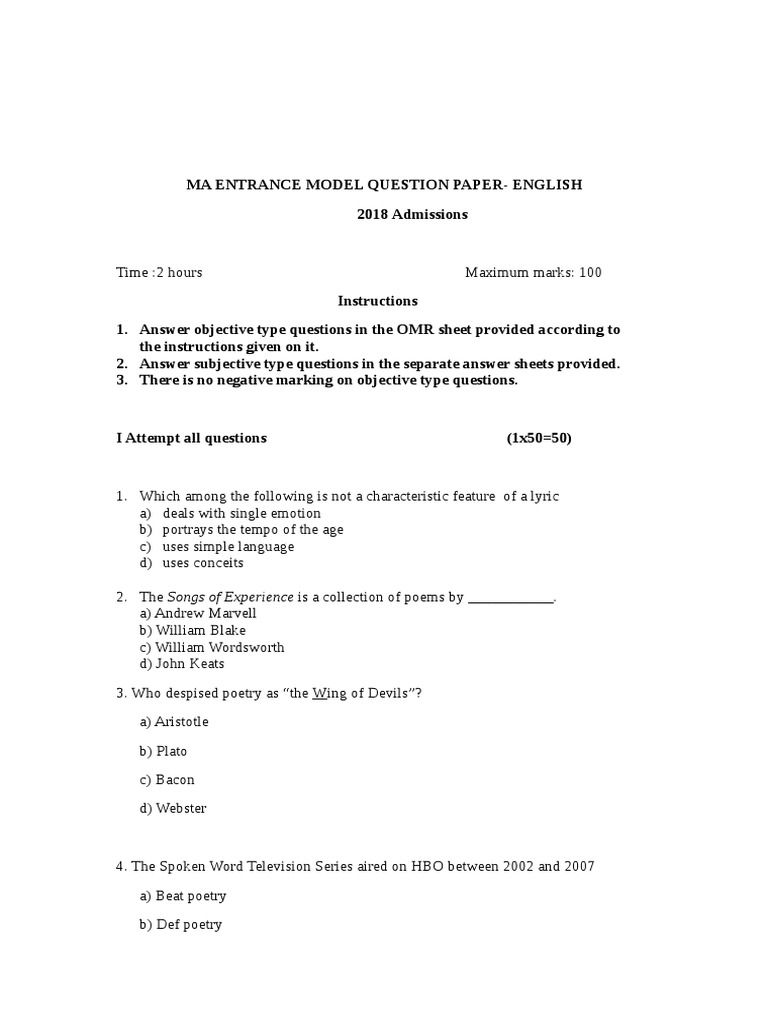 English 2019 Model Questions | PDF | Poetry