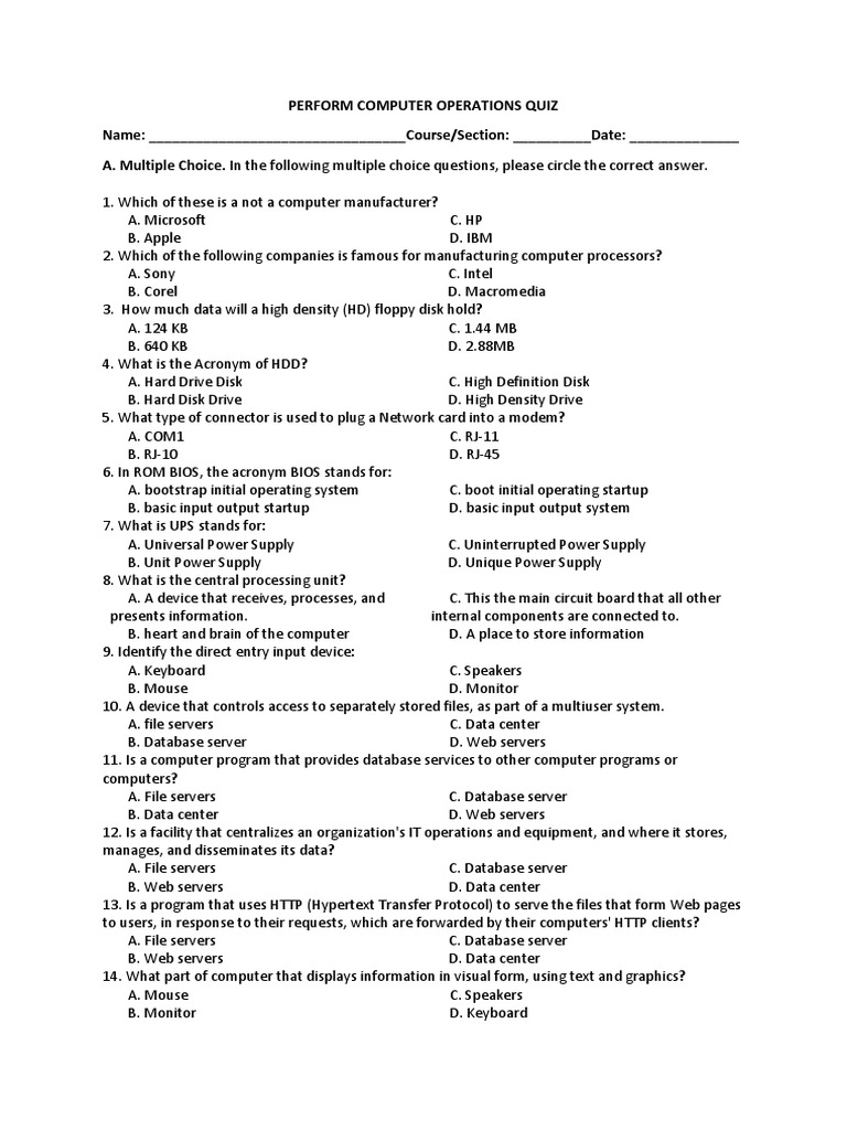 Perform Computer Operations Quiz | PDF | Booting | World Wide Web