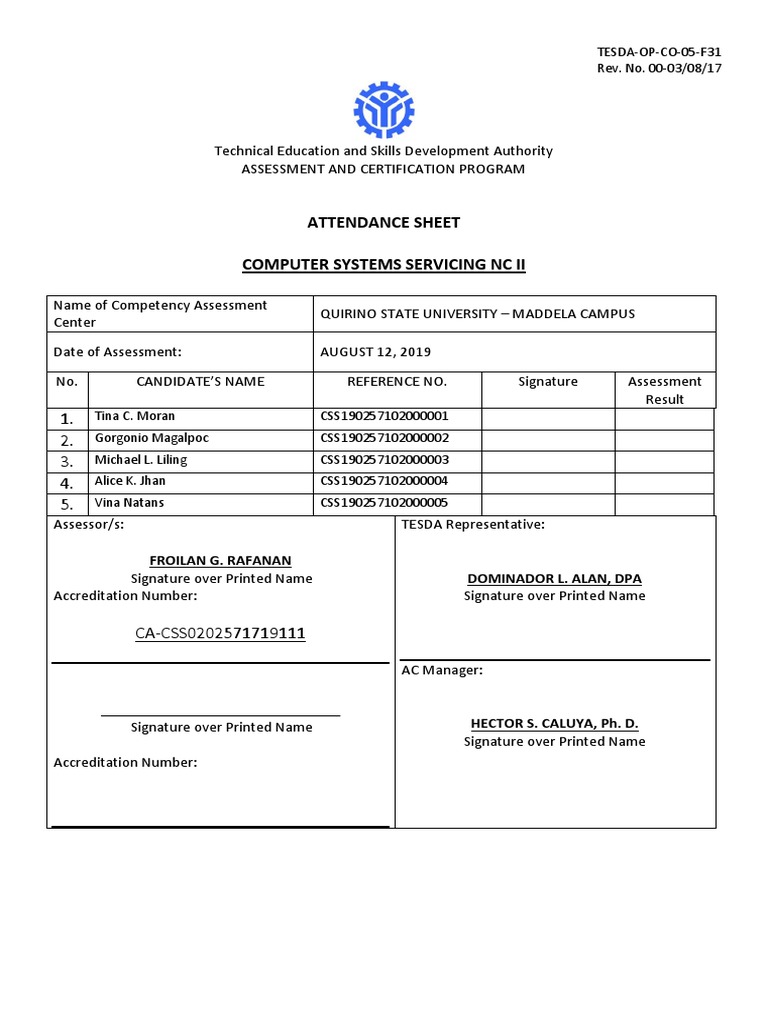 Attendance Sheet Computer Systems Servicing NC Ii: TESDA-OP-CO-05-F31 ...