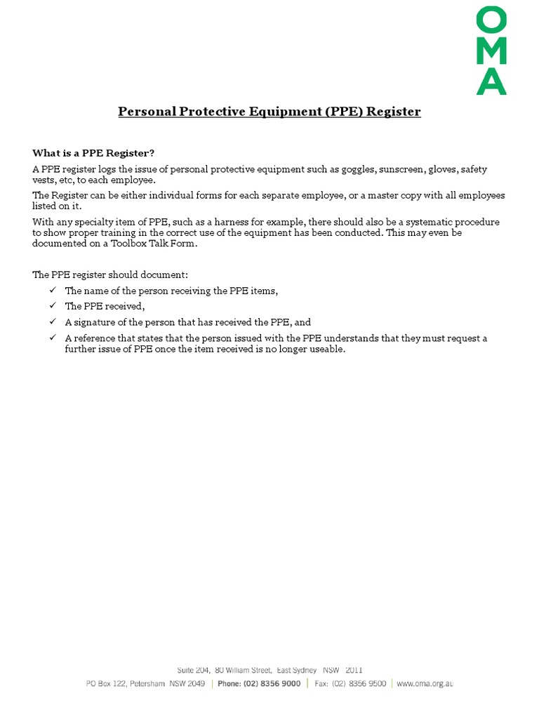 Personal Protective Equipment (PPE) Register | PDF