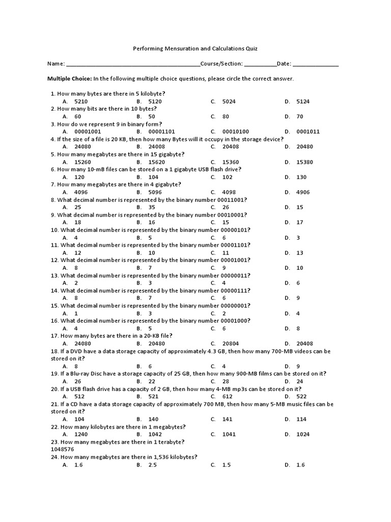 Performing Mensuration and Calculations Quiz | PDF | Computer Data | Computer Architecture