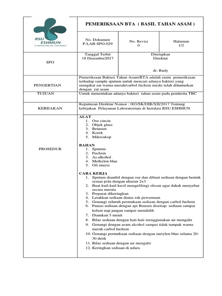 Prosedur Pemeriksaan Sputum BTA | PDF
