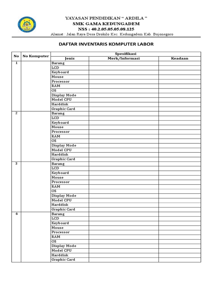 Daftar Inventaris Komputer Labor: Yayasan Pendidikan " Ardila " | PDF ...