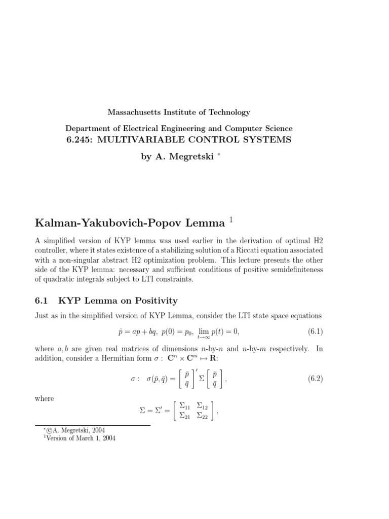 Kalman-Yakubovich-Popov Lemma: 6.245: Multivariable Control Systems by A. Megretski | PDF ...