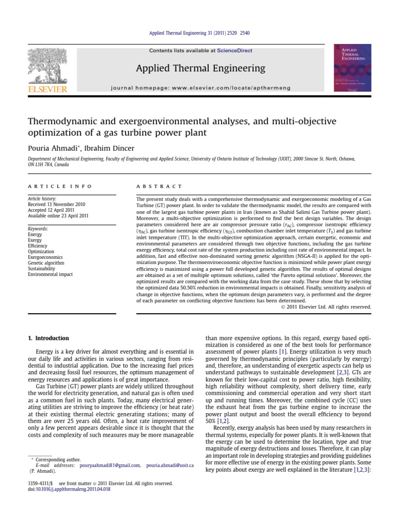 Applied Thermal Engineering: Pouria Ahmadi, Ibrahim Dincer | PDF | Exergy | Mathematical ...
