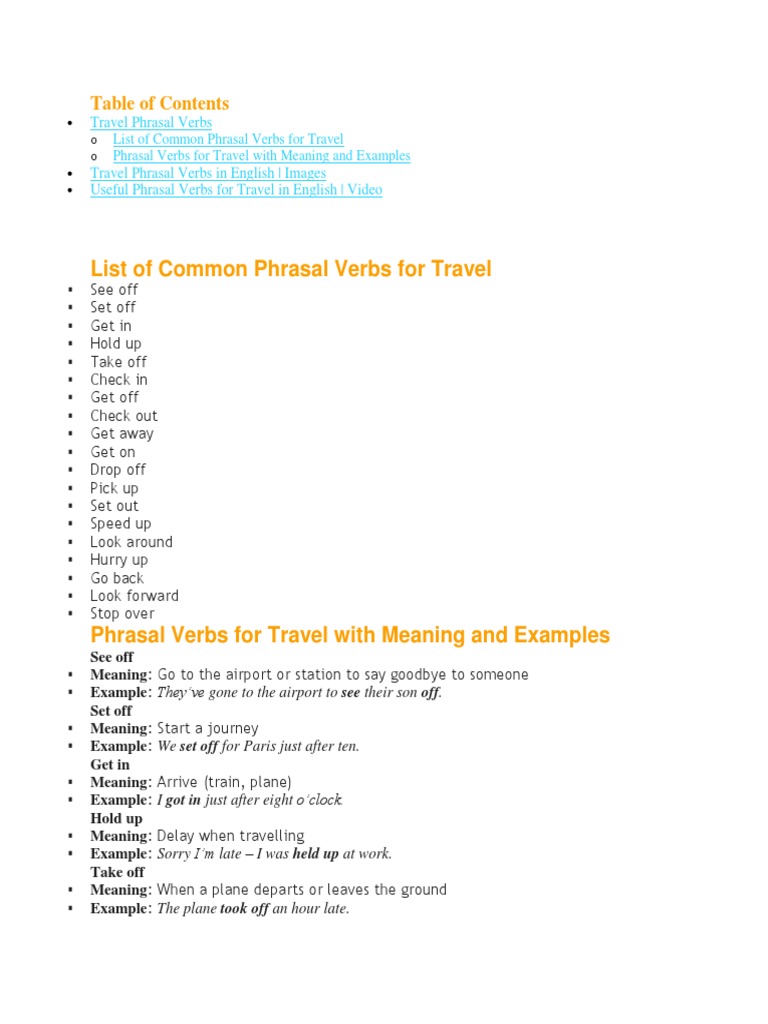 List of Common Phrasal Verbs For Travel | PDF | Traffic | Sidewalk
