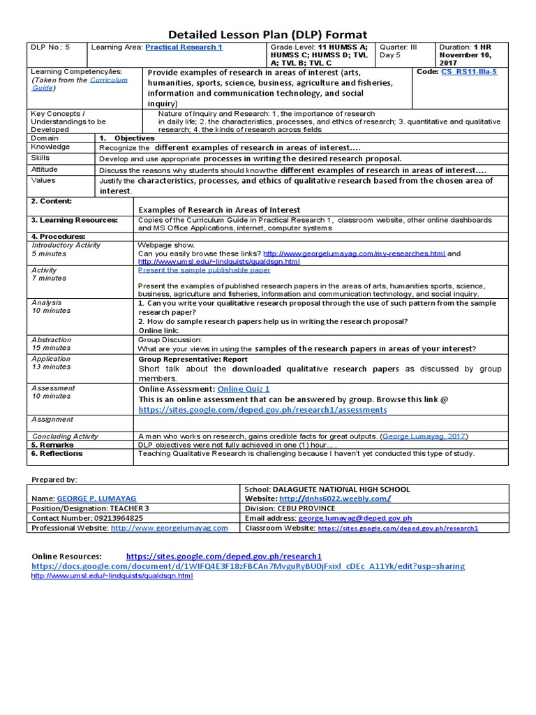 Detailed Lesson Plan (DLP) Format: Practical Research 1 | PDF | Educational Technology ...