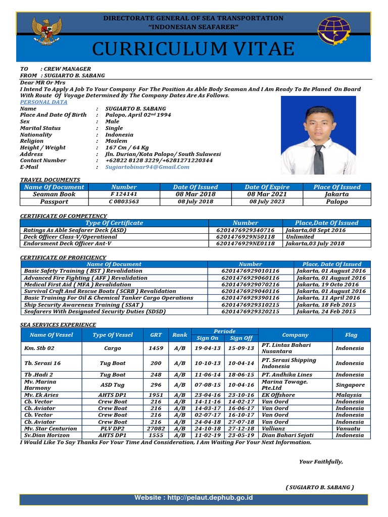 Contoh CV | PDF | Sailor | Merchant Navy