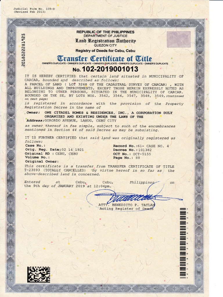 TCT No. 102-2019001013 | PDF | Private Law | Land Law